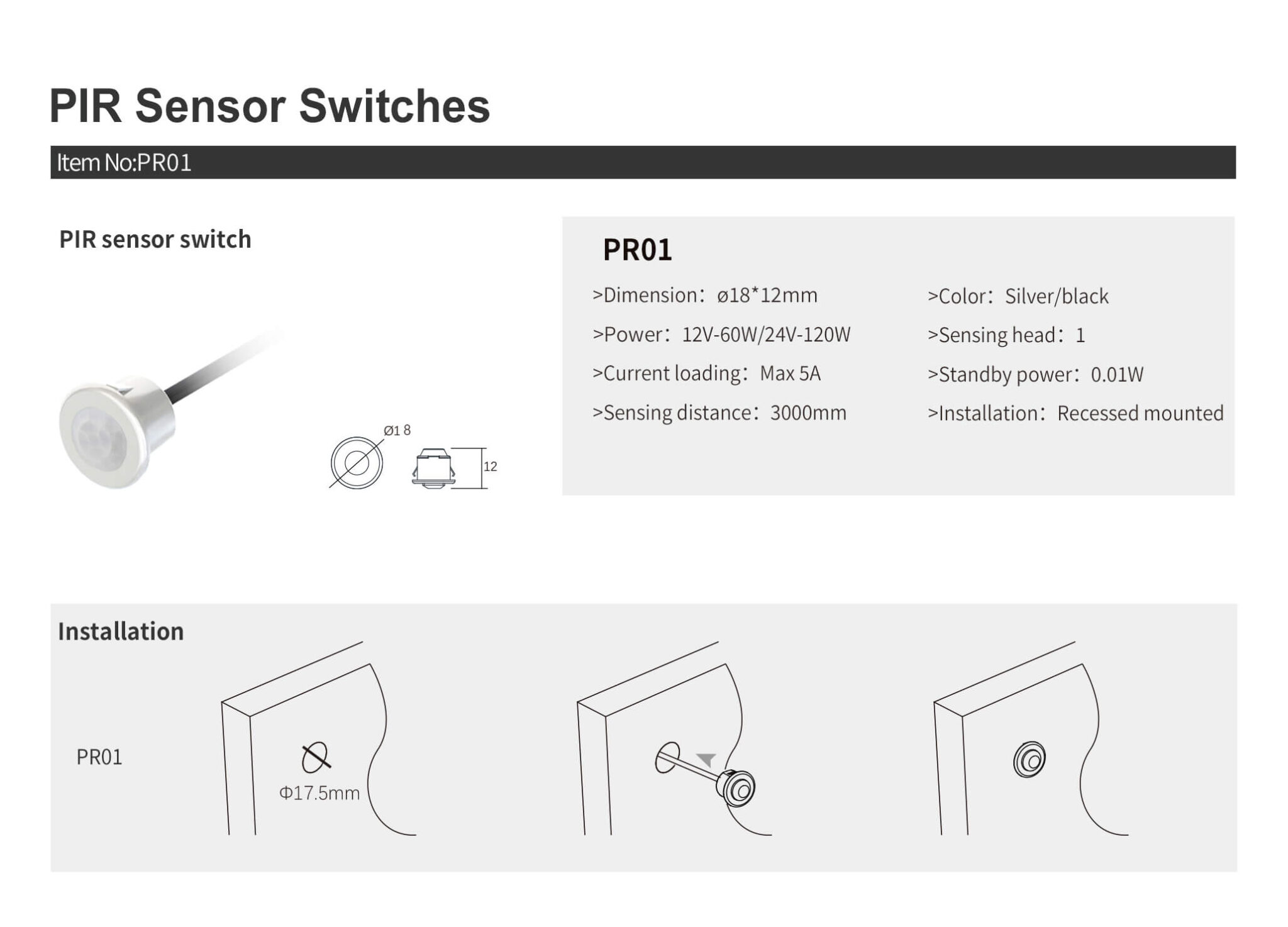 PR01 Silver PIR Motion Sensor Switch - Newmatic Kitchen Appliances